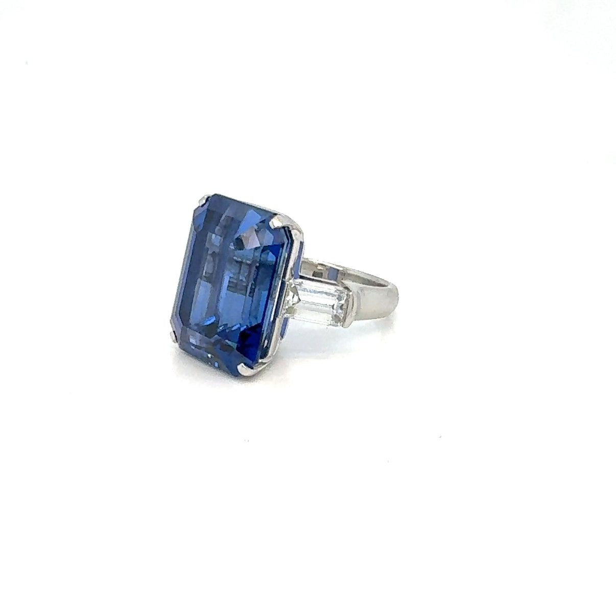 Emory 25 Carat Emerald Cut Blue Sapphire Ring in 18 Karat White Gold A ...