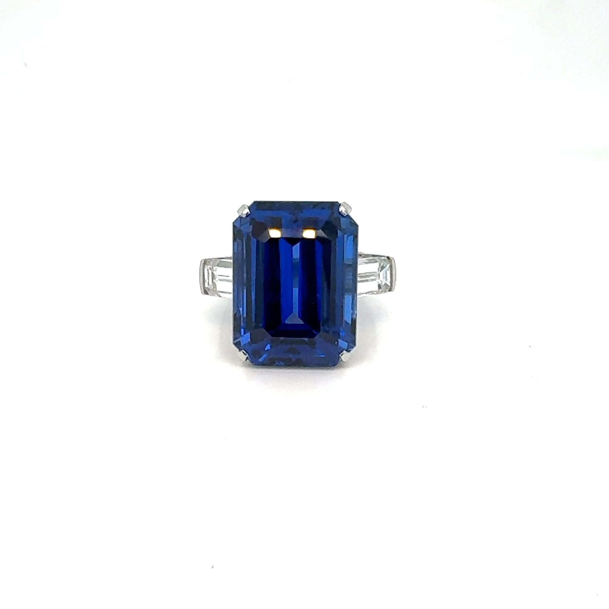 Emory 25 Carat Emerald Cut Blue Sapphire Ring in 18 Karat White Gold A