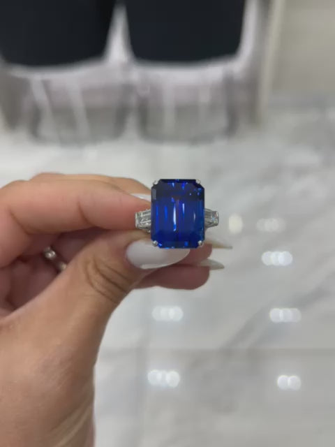 Emory 25 Carat Emerald Cut Blue Sapphire Ring in 18 Karat White Gold A ...